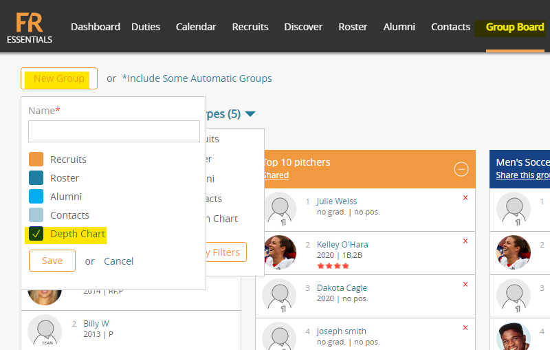 Depth Chart on the Group Board